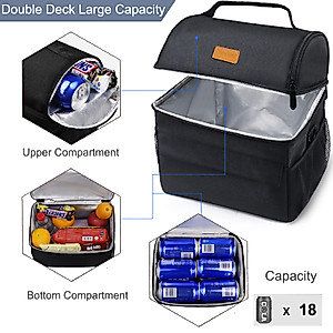 Dual Compartment Lunch Bag for Women Men, Reusable Insulated Lunch Bags Leakproof Large Lunch Box Cooler Tote Bag with Adjustable Shoulder Strap for Office Work School Picnic Hiking Beach Party, Black