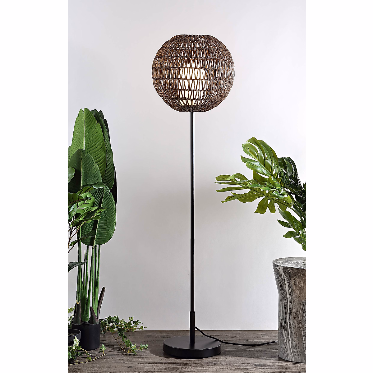JONATHAN Y JYL6507A Bea 61" Outdoor Woven Globe LED Floor Lamp, Bohemian, Transitional, Scandinavian, Modern, Contemporary, Modern, Office, Bedroom, Living Room, Family Room, Dining Room, Coffee/Black
