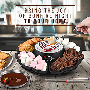 2 In 1 Smores Maker & Fondue Set, Tabletop Indoor Smores Kit, Marshmallow Roaster with Temp Control, 4 Detachable Trays & 4 Roasting Forks and 1 Heated Bowl, Movie Night Supplies & Housewarming Gifts