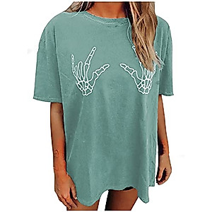 Avanova Women's Skull Graphic Print Oversized Tee Short Sleeve Casual Summer Loose T Shirt A Green Large