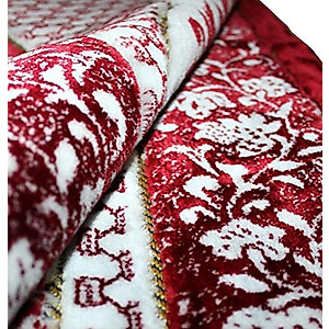 Modefa Turkish Islamic Prayer Rug - Soft & Plush Velvet Praying Carpet - Traditional Muslim Prayer Mat - Muslim Janamaz Sajada - Ramadan or Eid Gift - with Kufi Prayer Cap - Floral Ipek (Red)