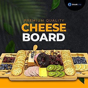 Brookline Bamboo Cheese Board and Knife Set - Charcuterie Boards Set & Cheese Platter Serving - House Warming Gifts, New Home, Anniversary & Wedding Gifts for Couple, Bridal Shower Gift for Women