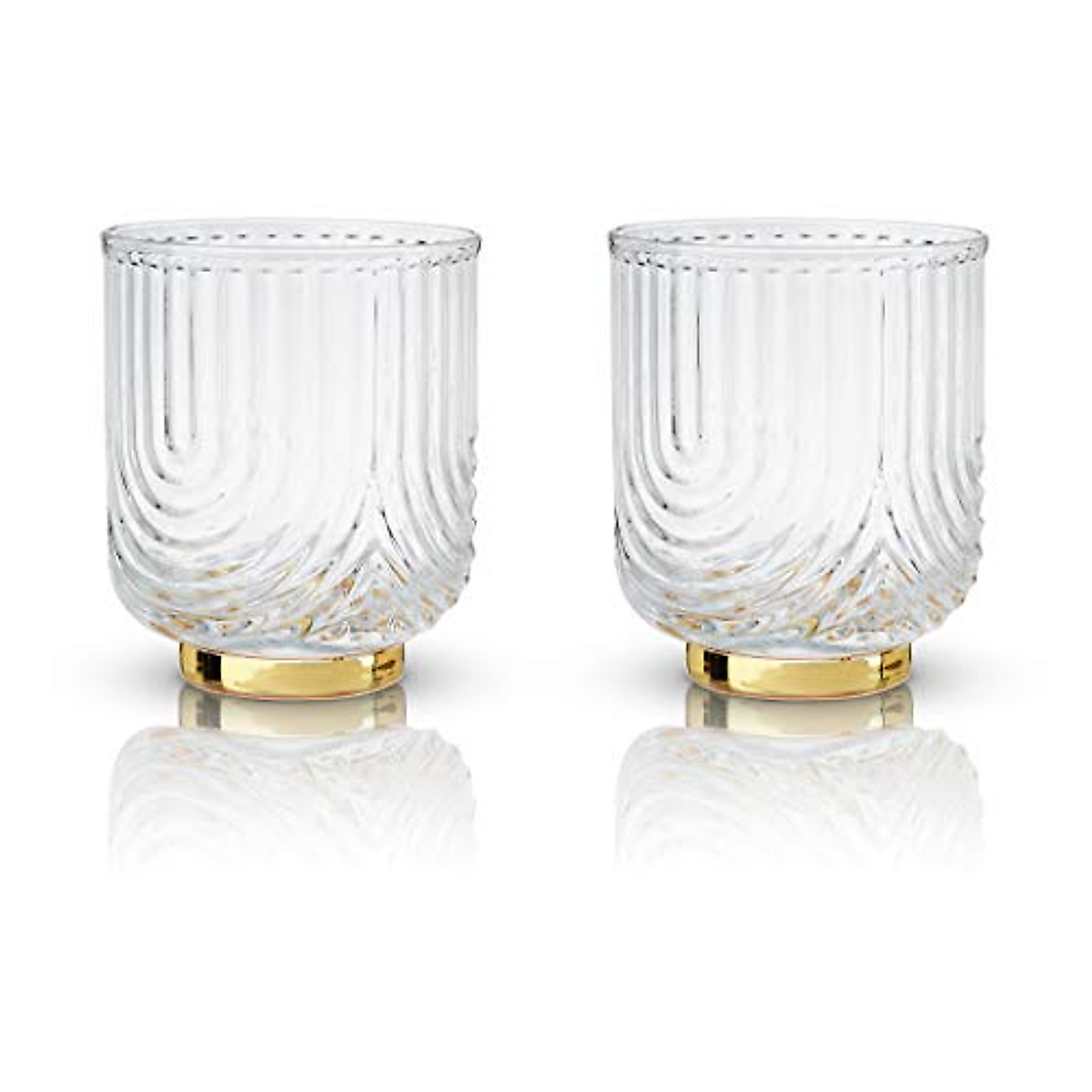 Viski Gatsby Lowball Glasses, Vintage Drinking Tumblers for Whiskey, Scotch & Bourbon, Art Deco Ripple Glassware Arch Design, Gold Plated Base Crystal Drinking Set, Set of 2 , 12oz