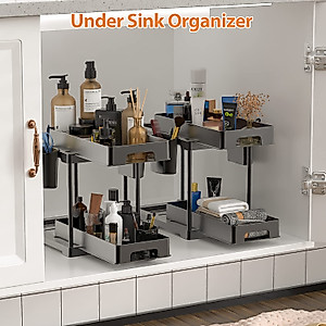 Warmodern 2 Pack Double Sliding Bathroom Cabinet Organizer, 2 Tier Under Sink Organizers And Storage, Bathroom Sink Organizer Baskets with 8 Hooks and 4 Hanging Cups, Under Sink Storage for Kitchen