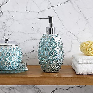 Whole HOUSEWARES | 4-Piece Decorative Glass Bathroom Accessories Set | Soap Dispenser, Toothbrush Holder, Cotton Jar, Vanity Tray | Gift Idea | Light Blue/Green