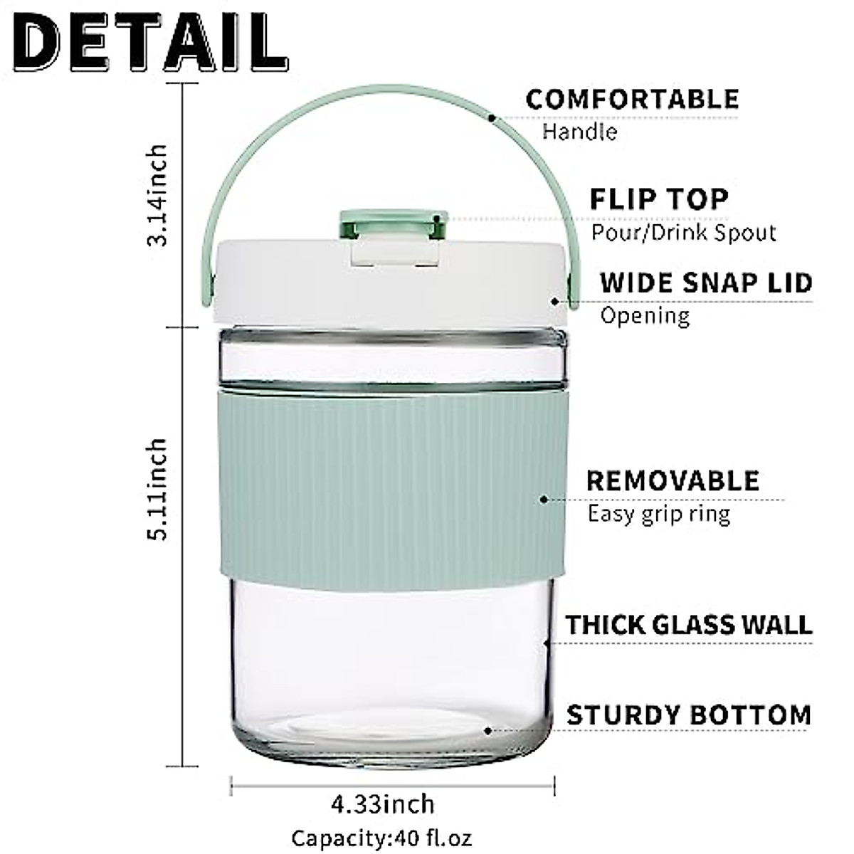 TEBICOO Premium Glass Pitcher with Flip-Top Lid and Spout, Glass Container Jar with Handle, Airtight LeaKProof Perfect for Food Storage & Transport, Dishwasher and Refrigerator Safe,40 fl.oz