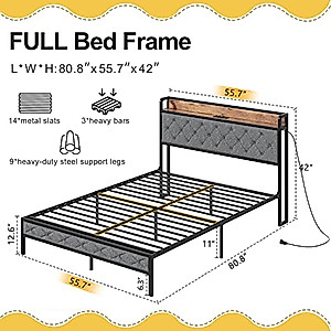 CBBPET Full Size Bed Frame with Headboard, Bed Frame with Charging Station, Platform Bed Frame Full No Box Spring Needed - Easy to Assemble