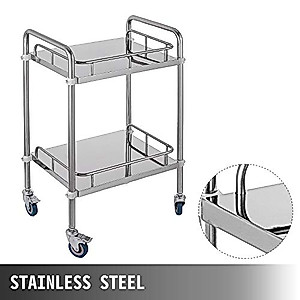 VEVOR 2-Shelf lab cart with Wheels Stainless Steel Rolling cart Lab Cart Utility Cart with high-Polish Stainless Steel 2 Lockable Wheels for Fixing