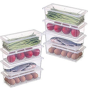 ninesung 8 Pieces Food Containers Storage For Fridge,1.5L Plastic Food Storage Containers With Removable Drain Plate and Lids, Refrigerator Organizer Bins Fruit Storage Containers For Fridge Storage