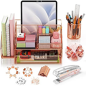 MooManGoo Rose Gold Office Desk Organizers and Accessories with Sliding Drawer, Pen Holder, Stapler, 6 Compartments +72 Clips Set, Office Supplies Mesh Desktop File Organizer for Women Home School