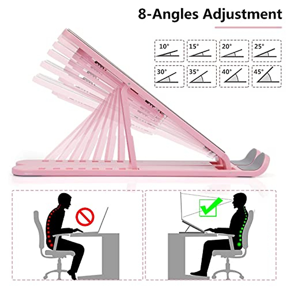 JERX Pink Laptop Stand, 10-45° Adjustable Notebook Riser, Lightweight & Sturdy Holder for Carry-On Travel, Ergonomic Computer Holder Compatible for MacBook Air Pro, HP, Lenovo, Dell 10-15.6”