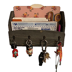 canwedance Distressed Pine Wooden Wall Mounted Mail Sorter Key Hooks, Letter and Key Holder Organizer for Entryway, Kitchen, Hallway, Foyer Office with 4 Key Hooks (Rock Grey)