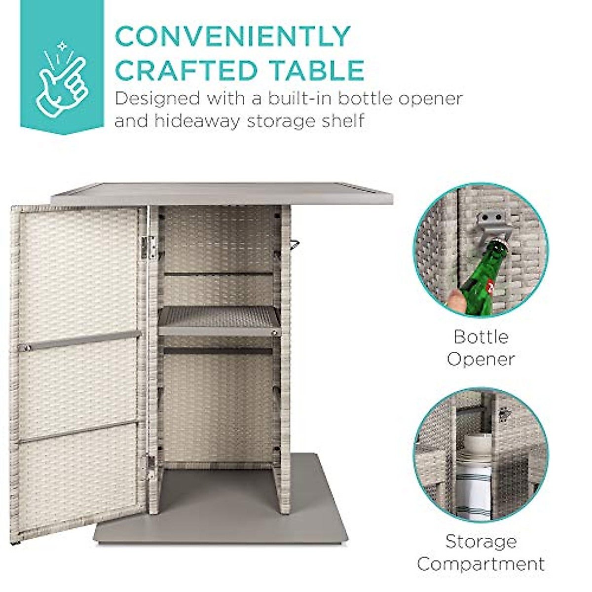 Best Choice Products 5-Piece Outdoor Wicker Bar Table Set for Patio, Poolside, Backyard w/Built-in Bottle Opener, Hidden Storage Shelf, Metal Tabletop, 4 Stools - Gray