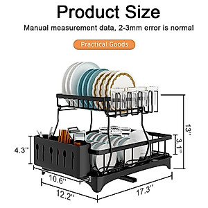 ZhenGuiRu Dish Drying Rack, 2-Tier Black Dish Racks for Kitchen Counter, Detachable Large Capacity Dish Drainer Organizer with Utensil Holder, Dish Drying Rack with Drain Board