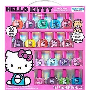 Hello Kitty Non-Toxic Water-Based Peel-Off Nail Polish Set with Glittery, Shimmery & Opaque Colors for Girl Kids Ages 3+, Perfect for Parties, Sleepovers & Makeovers, 18 Pcs
