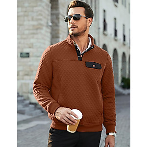 JMIERR Mens Quilted Sweatshirt Casual Long Sleeve Crewneck Half Button Fashion Pullovers Sweater Jackets with Pockets, US 38(S), Orange
