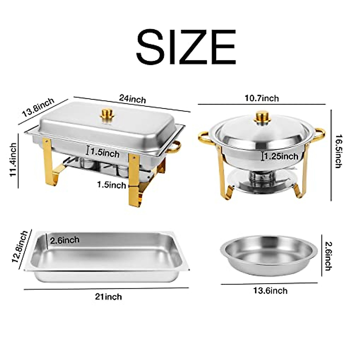 Restlrious Chafing Dish Buffet Set of 4, Stainless Steel 5 QT Round & 8 QT Rectangular Large Capacity Chafers and Buffet Warmers Set w/Food Pan Water Pan, Fuel Can for Catering Event Party Gathering