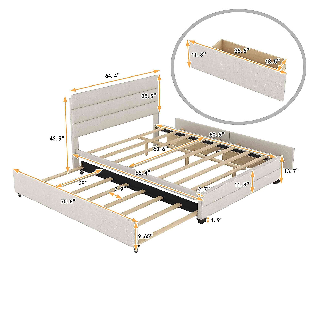 ATY Queen Size Platform Bed with Trundle & 2 Drawers, Upholstered Bedframe w/Headboard, for Bedroom, Guestroom, Livingroom, Save Space & Easy Assemble, Beige