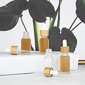 MODOWEY 12Pcs 10ml Frosted Glass Dropper Bottles, Eco-friendly Essential Oil Containers Bulk With Eye Dropper and Bamboo Lids, Refillable Essence Liquid Cosmetic Containers and 2 Pieces Funnel (10ML)