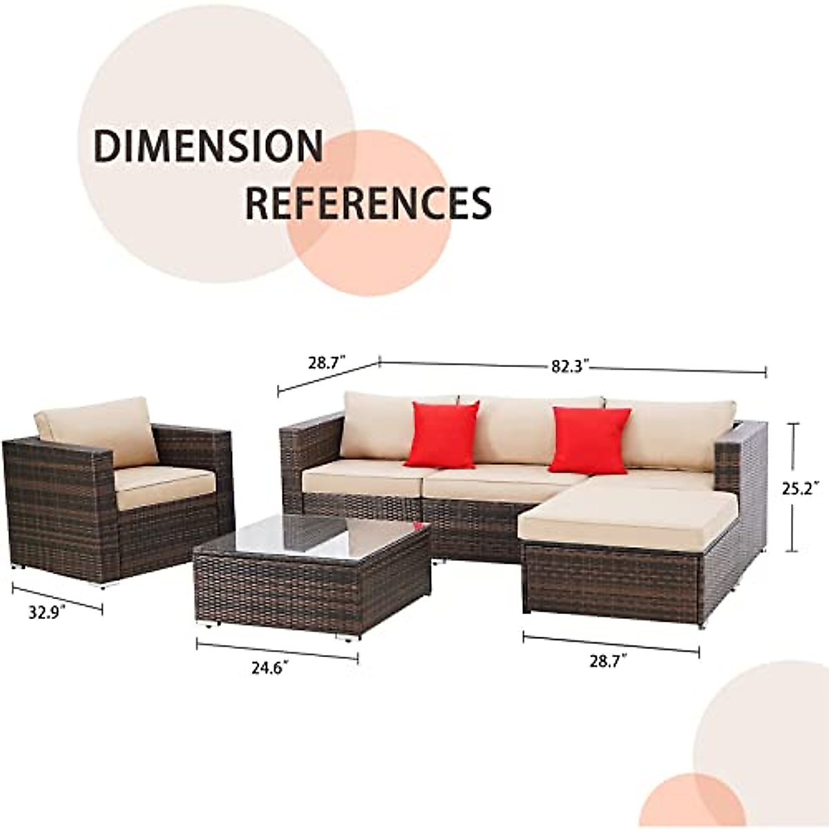 SUNCROWN 6-Piece Outdoor Furniture Patio Sectional Sofa - PE Rattan Wicker Conversation Set with Cushions and Coffee Table