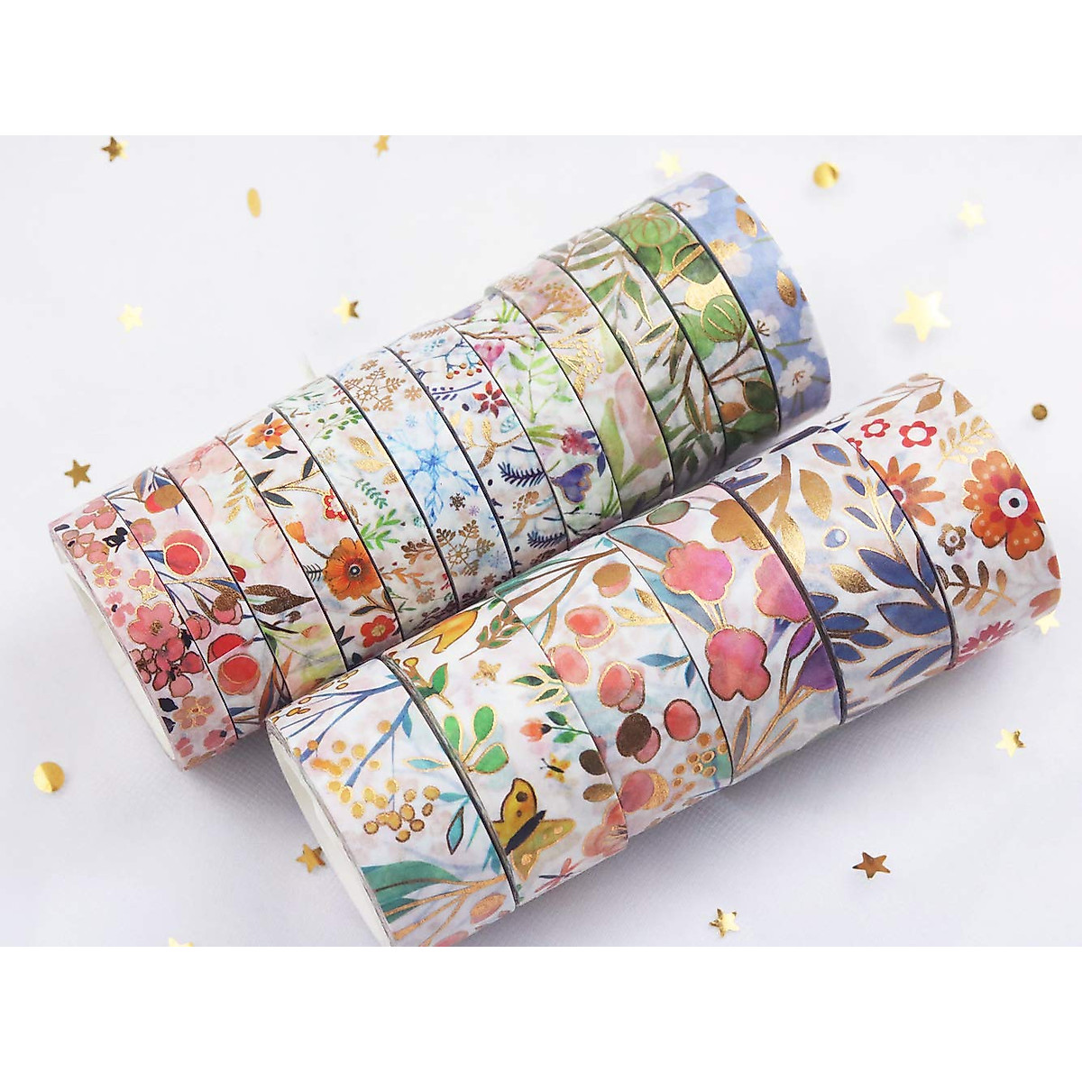 YUBBAEX Floral Gold Washi Tape Set VSCO Foil Masking Tape Decorative for Arts, DIY Crafts, Journal Supplies, Planners, Scrapbook, Card/Gift Wrapping -8/15mm- (Blooming 18 Rolls)