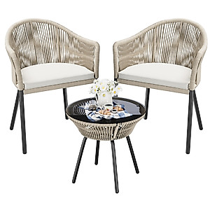 Flamaker 3 Piece Patio Set Outdoor Wicker Patio Chairs with Coffee Table & Cushions Bistro Conversation Set Porch Furniture for Balcony, Deck, Backyard