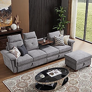 Pingliang Home Convertible Sectional Sofa with Storage, 4 Seat L Shaped Couch with Chaise and Cup Holder, Modern Microfiber Fabric Sofas Couches for Living Room, Apartment, Office (Light Grey)