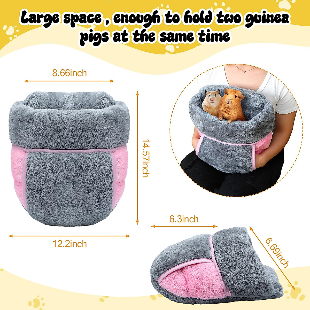 Wenqik 2 Pcs Guinea Pig Bed Cuddle Warm Hideout Small Animal Sack Cozy House Bedding Sleeping Cushion Portable Pet Carrier Cage Nest for Rabbit Hamster Rat (Gray, Pink,Plain)
