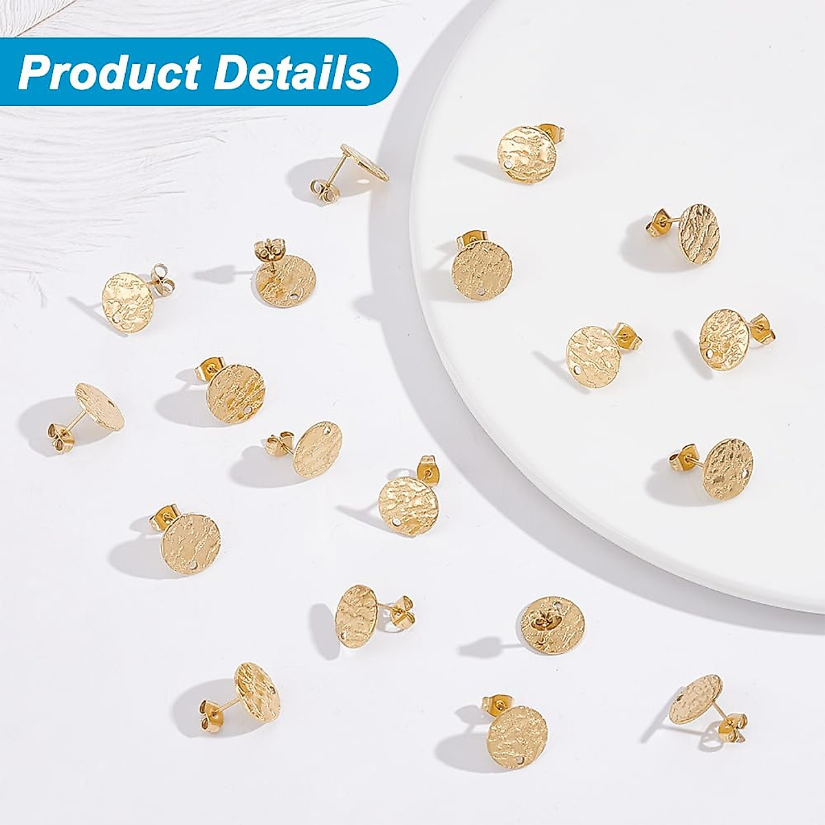 UNICRAFTALE 40pcs Golden Textured Flat Round Stud Earring Findings Circle Disc Stainless Steel Earring Post with Loop Blank Earring Studs with Ear Nuts 1.4mm Hole