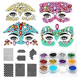 Mermaid Makeup Kit Mermaid Face Paint Scale Stencil and Gems Stickers with12 Bottles Holographic Glitter Mermaid Costume Tattoo Accessories for Women Festival Rave Carnival Party (7pcs Mermaid scale)