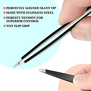 FIVETAS Stainless Steel Tweezers for Eyebrows-Slant Tweezer with Case for Women&Man,Great Precision on Brow,Facial Hair and Ingrown Hair Removal(Black)