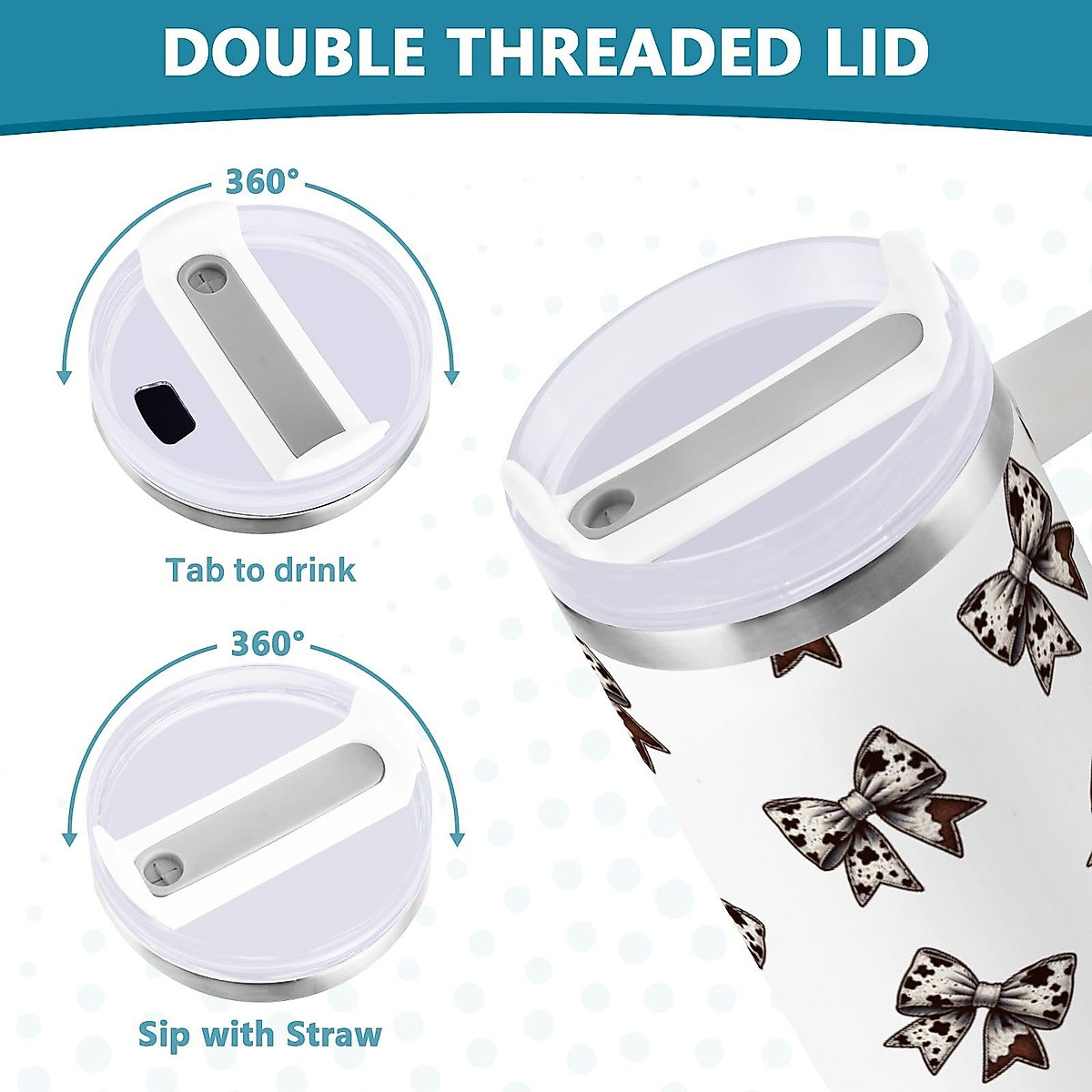 Jihqo Cow Print Bows 40 oz Stainless Steel Vacuum Insulated Tumbler with Handle and Straw Lid, Leakproof Water Bottle Double Wall Travel Mug Coffee Cup, Cupholder Friendly
