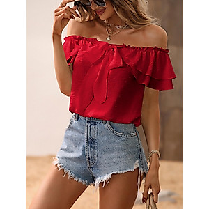 SweatyRocks Women's Off Shoulder Ruffle Trim Knot Front Blouse Tiered Layer Butterfly Short Sleeve Chiffon Tops Summer Red L