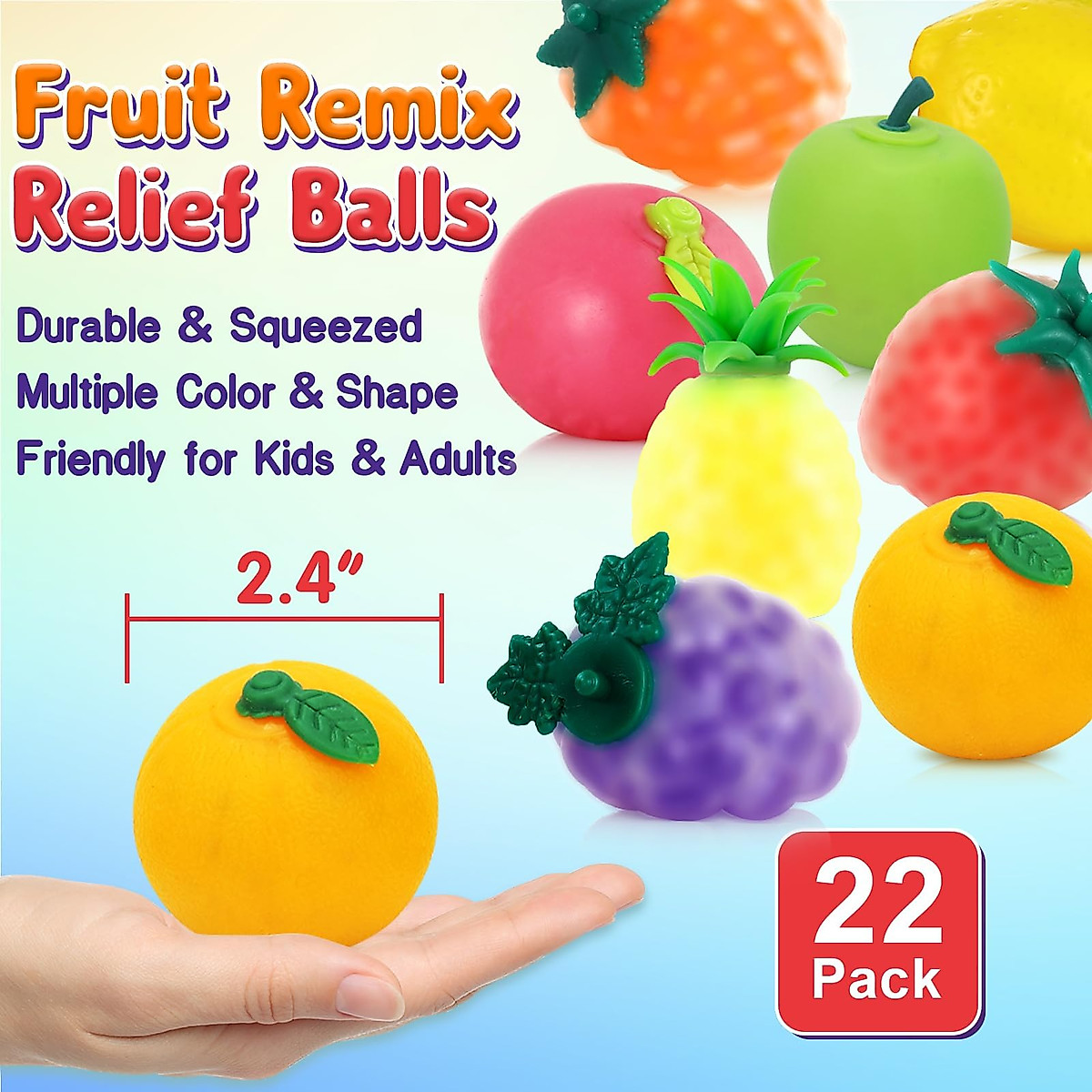 22 Pack Stress Balls Set - Fruit Sensory Toys Squishy Balls for Adults - Stress Relief Fidget Toys for Hand Thrapy, Calming Tool for Autism, Anxiety, ADHD - Party Favors, Classroom Prizes