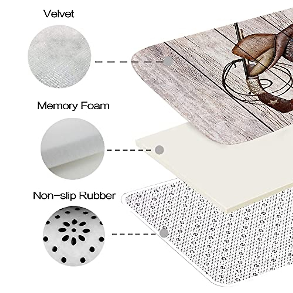 Farmhouse Wooden Plank Leather Boots Western Cowboy Bathroom Rugs and Mats Sets 3 Piece, Memory Foam Bath Mat, U-Shaped Contour Shower Mat Non Slip Absorbent, Velvet Toilet Lid Cover Washable