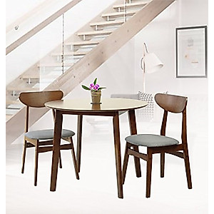 Set of 3 Dining Kitchen Round Table and 2 Yumiko Side Chairs Solid Wood w/Padded Seat Medium Brown