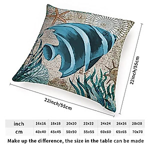 French Retro Ocean Animal Teal Blue Fish Throw Pillow Cushion with Zippe Nautical Sofa Pillow Blue Sea Turtle Rustic Pillow Sham for Living Room Bedroom White Linen 22x22in Housewarming Gift