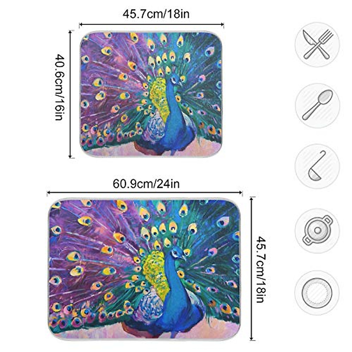 Painting Beautiful Peacock Animal Dish Drying Mat 24"x18" Absorbent Machine Washable Hanging Fast Dry Pad Dish Protective Mat for Kitchen Countertop Heat Resistant Dinner Table Mat