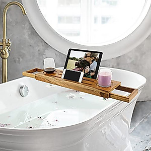 EcoFives Teak Bathtub Tray Caddy - Expandable Bath Tray - Adjustable Organizer Tray for Bathroom - Luxury Bath Caddy Tub Table, Bathtub Accessories & Bathroom Gadgets