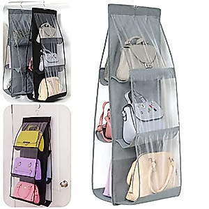 Dosurgorn Double-Sided Six-Layer Hanging Storage Bag, 6 Pockets Hanging Closet Storage Bag, High Capacity Transparent Collapsible Non-Woven Hanging Handbag Storage Hanging Bag, 90CM*35CM*32CM (Gray)