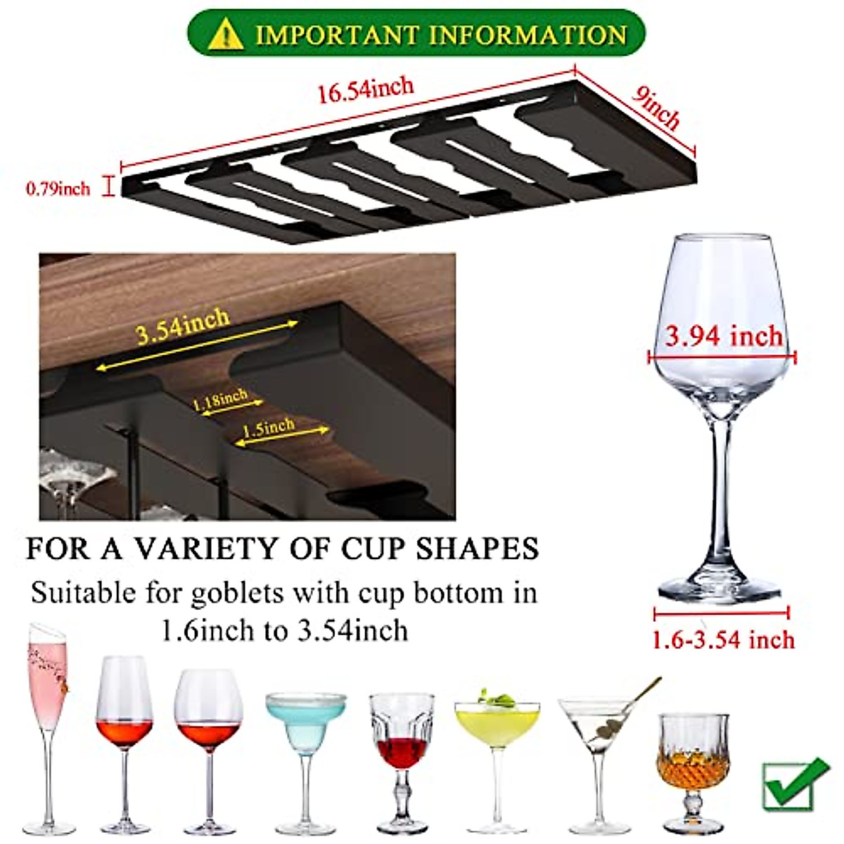 Hanging Wine Glasses Rack Under Cabinet Stemware Storage Hanger 16.54in with 4 Rows Stainless Steel Bar Shelves for Kitchen Restaurant Screw Install,Black,For 1.6 to 3.54 in Base Goblet (HJJ-003)