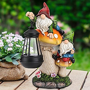 Ovewios Garden Gnome Statue, Large Funny Gnome Figurine Climbing on Mushroom and Holding a Solar LED Lantern Resin Ornament for Patio Yard Lawn Porch Outdoor Decor