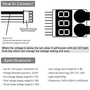 5Packs 2in1 1-8s Lipo Li-ion Battery Voltage Tester Check, Monitor RC Low-Voltage Buzzer Alarm for 1-8s Lipo/Li-ion/LiMn/Li-Fe