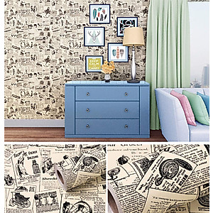 PoetryHome Self-Adhesive Vintage Newspapaer Wall Paper Drawer Shelf Liner for Kitchen Bathroom Cabinets Dresser Wall Crafts 17.7x117 Inches