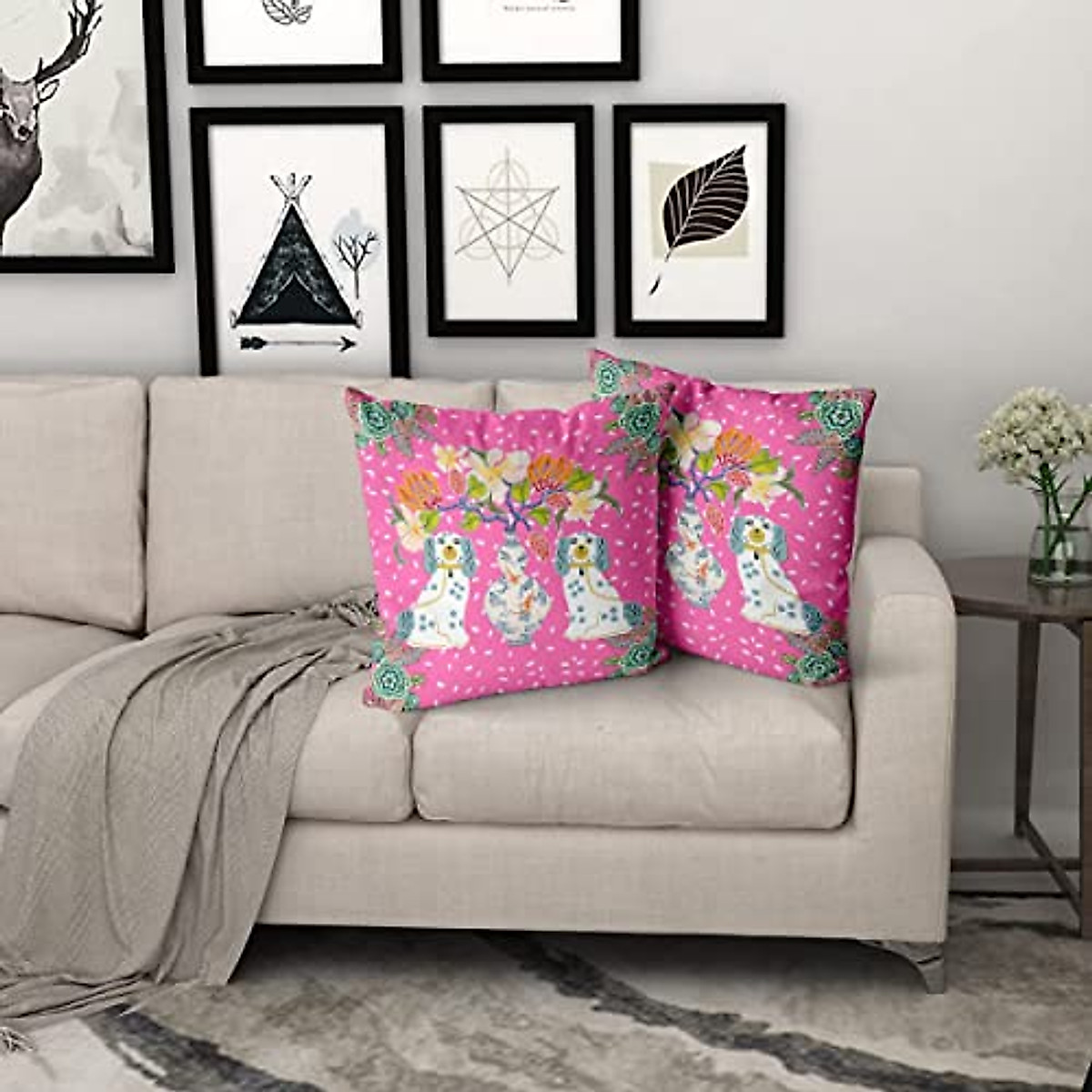 Chinoiserie Style Throw Pillow Covers 18x18 Set of 2 Dog Pillow Covers, Pink Pillow Covers Animal Cushion Cover for Couch Sofa Home Decor Cushion Covers Outdoor Decor