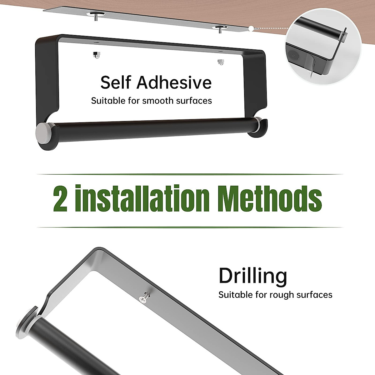 URALFA Under Cabinet Paper Towel Holder Wall Mount, Paper Towel Roll Holder Both Available in Adhesive and Screws, Paper Towel Rack for Kitchen, Bathroom, Pantry, Sink (Black)