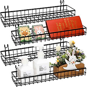 Blulu 4 Pcs Metal Grid Wall Baskets with Hooks Grid Wall Shelves Hanging Wire Basket Multi Function Storage Organizer for Kitchen Organizing Display(Black,15.75 x 3.94 x 1.97 Inch)