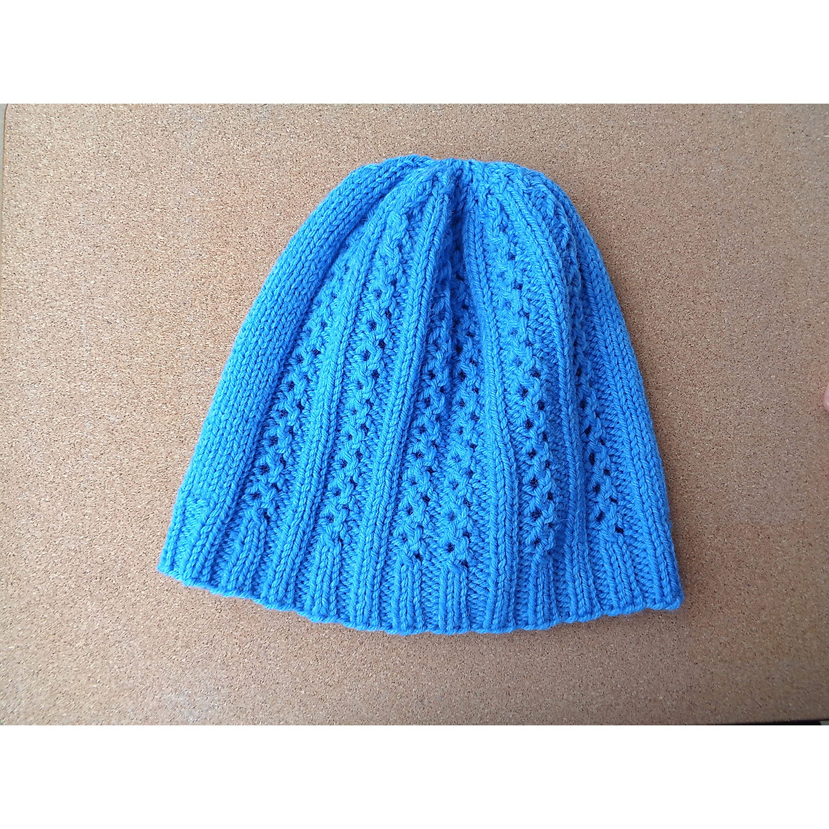 Womens Beanie Hat with Lace Design, Sky Blue, 100% Wool, Hand Knit Snug Cap, Teen Girls Skater Skullie