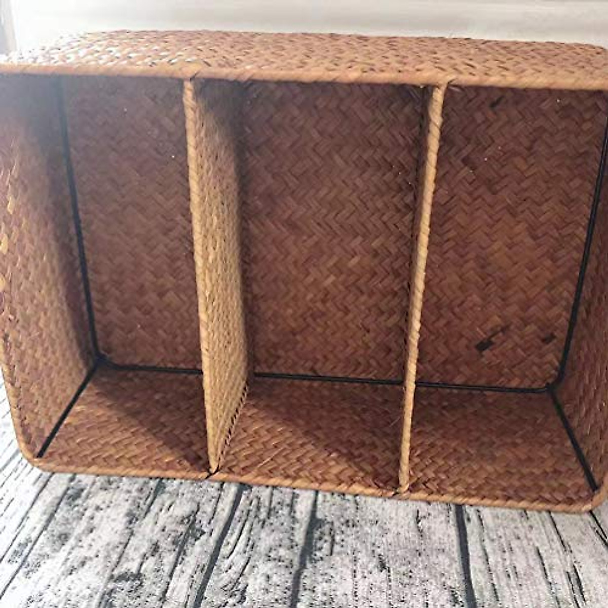 Cabilock Hand-Woven Basket Seagrass Seaweed Woven Storage Box 3-compartments Desktop Organizer Case for Home Bathroom Office Decor 32x22x11cm (Yellow)