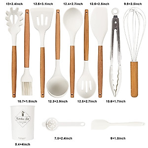 White Kitchen Utensils Set-12 Pieces Silicone Cooking Utensils Set with Wooden Handle (Dishwasher Safe) 392°F Heat Resistant Spatula Set, Nonstick Cookware,Best Kitchen